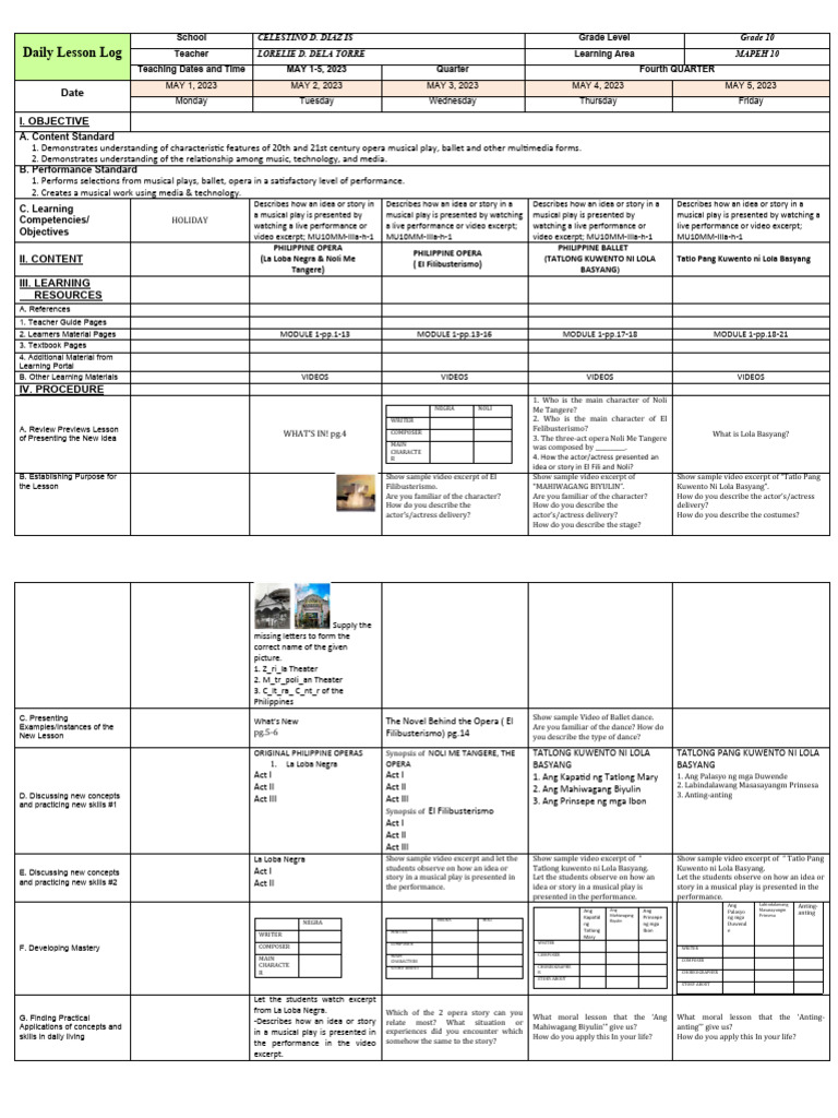 DLL G10 Q4 Music | PDF | Teachers | Learning
