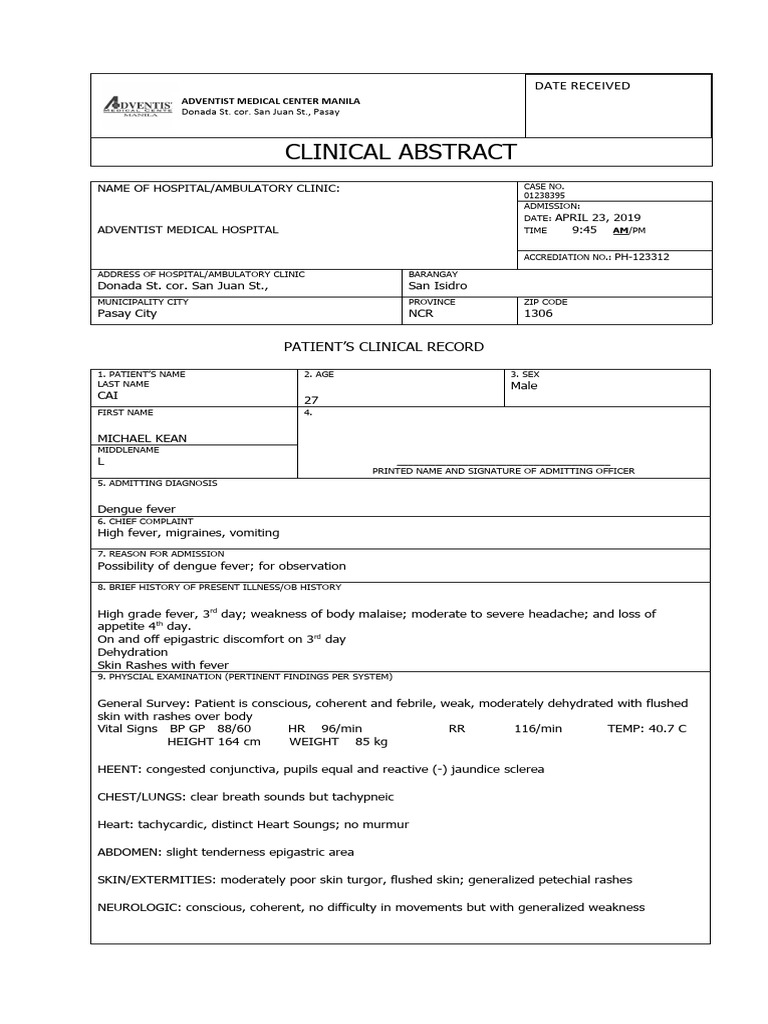 Clinical Abstract Sample Prac 2 | PDF | Dehydration | Symptoms And Signs