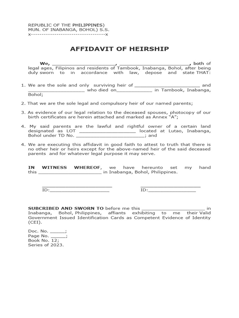 Affidavit of Heirship in Bohol | PDF
