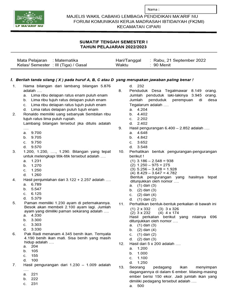 Soal MTK Kelas 3 PTS Gasal | PDF