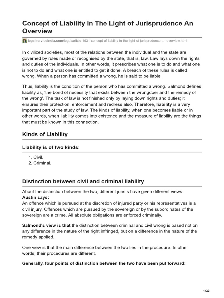 Concept of Liability in The Light of Jurisprudence An Overview | PDF ...