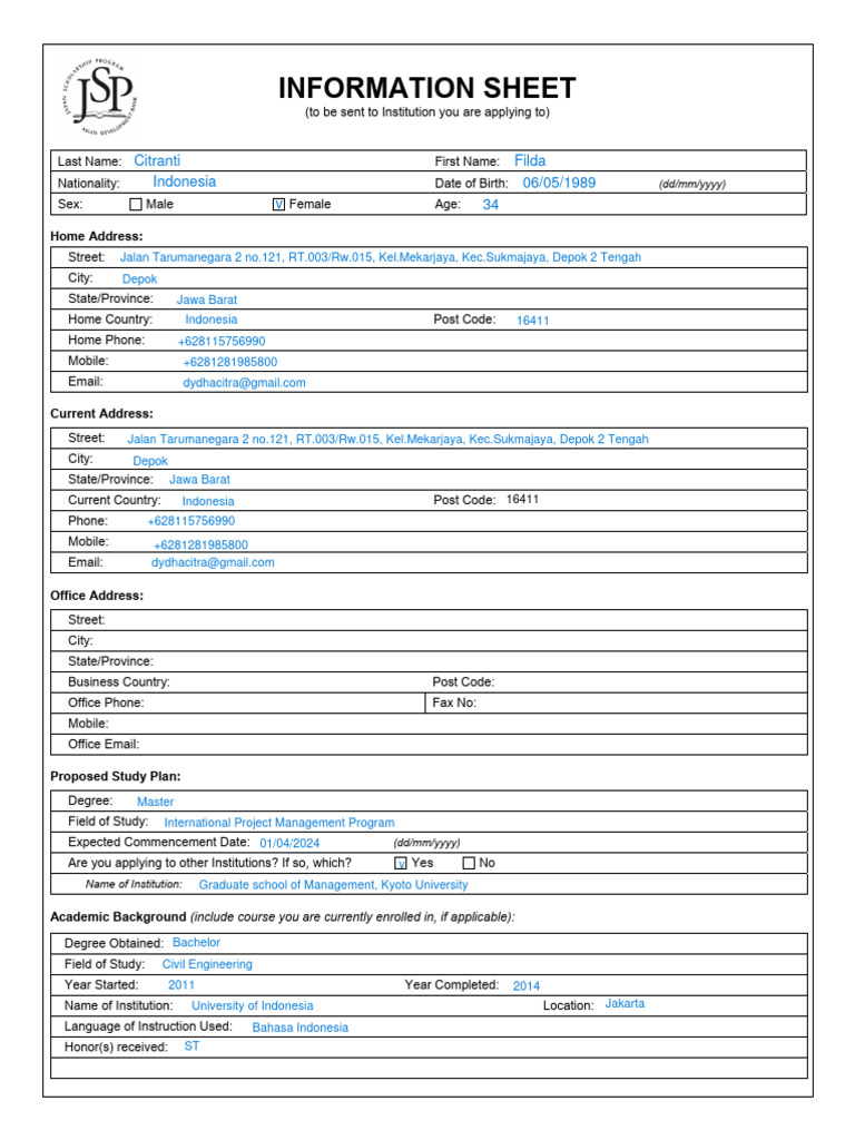 Application Information Sheet Template | PDF | Employment