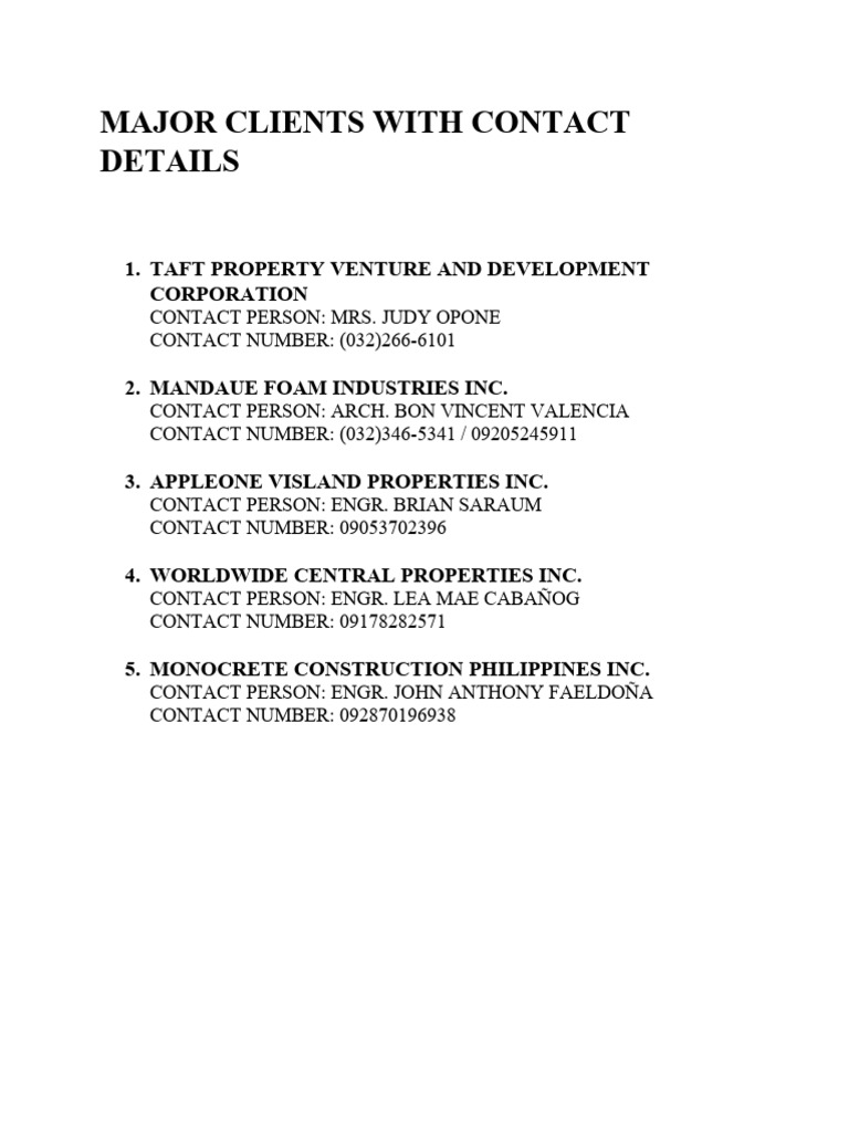 Major Clients With Contact Details | PDF