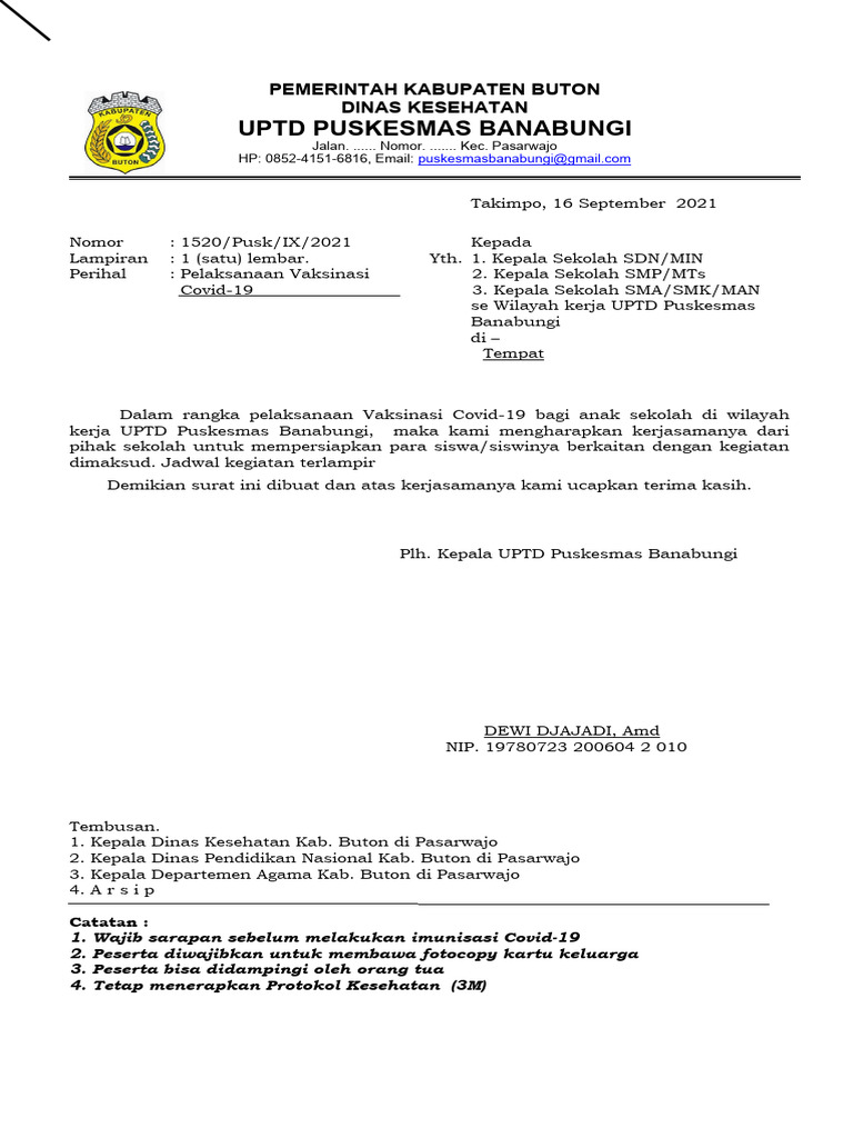 Surat Pelaksanaan Vaksinasi Covid-19 | PDF