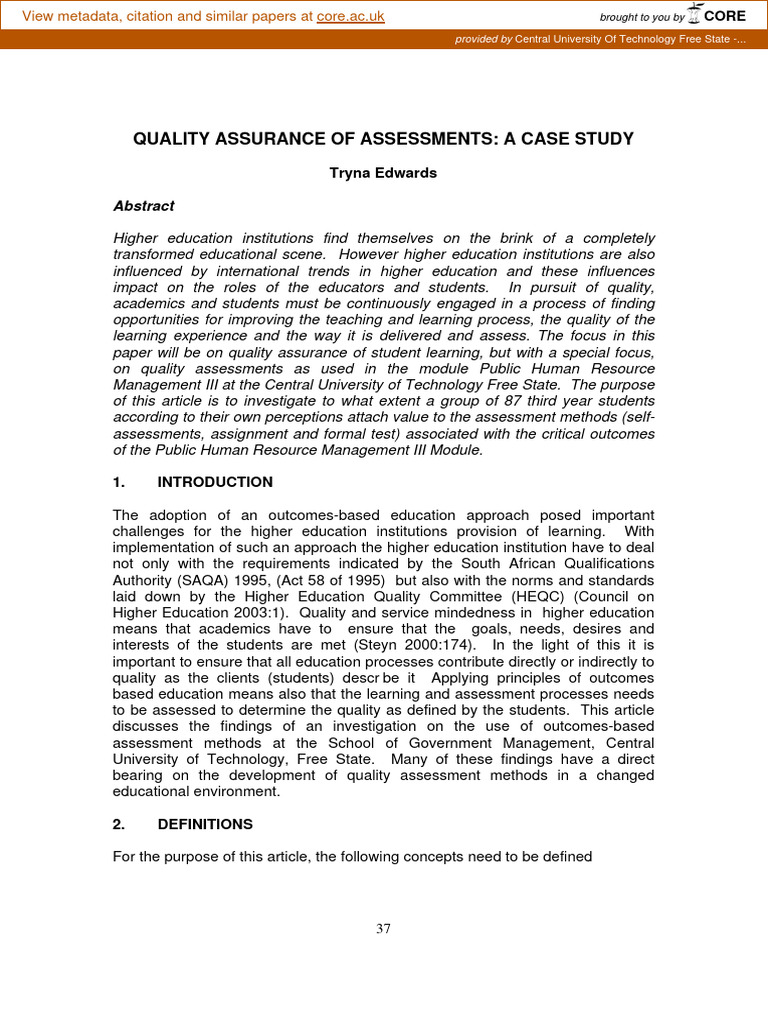 Quality Assurance of Assessments: A Case Study: Provided by Central ...