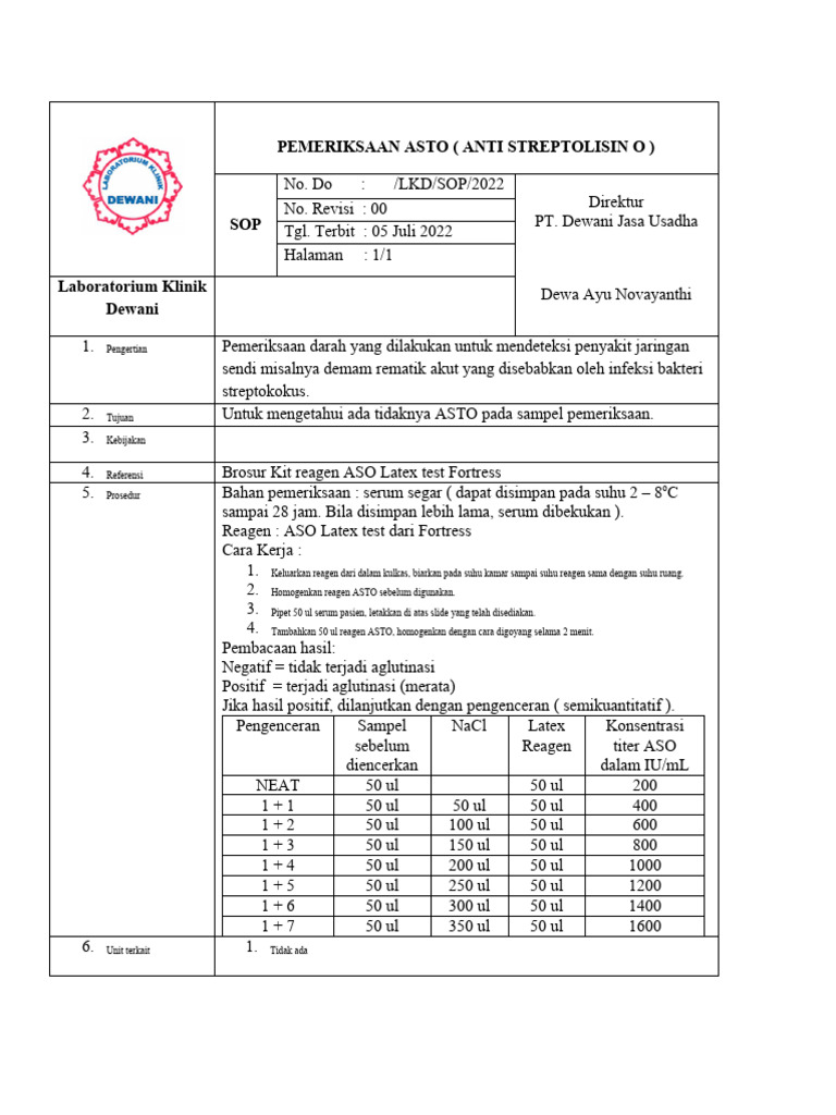 Sop Pemeriksaan Asto | PDF