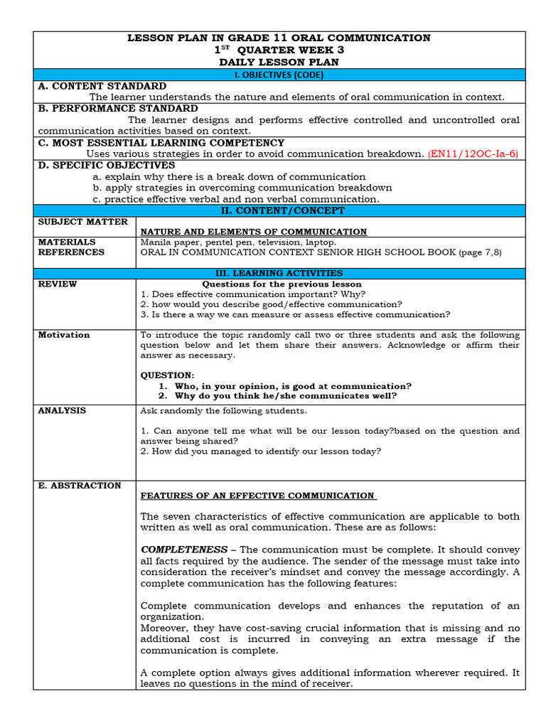 Grade 11 Oral Communication Lesson Plan | PDF | Communication ...