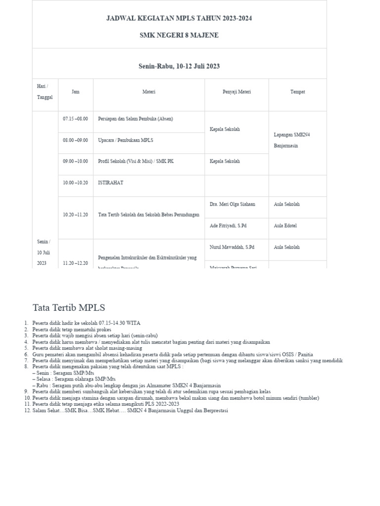 Jadwal Kegiatan MPLS Tahun 2023 | PDF