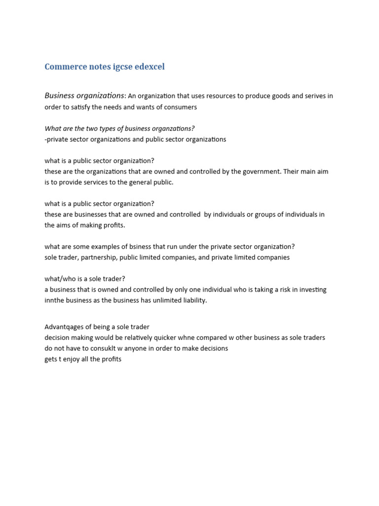 Commerce Notes Igcse Edexcel | PDF