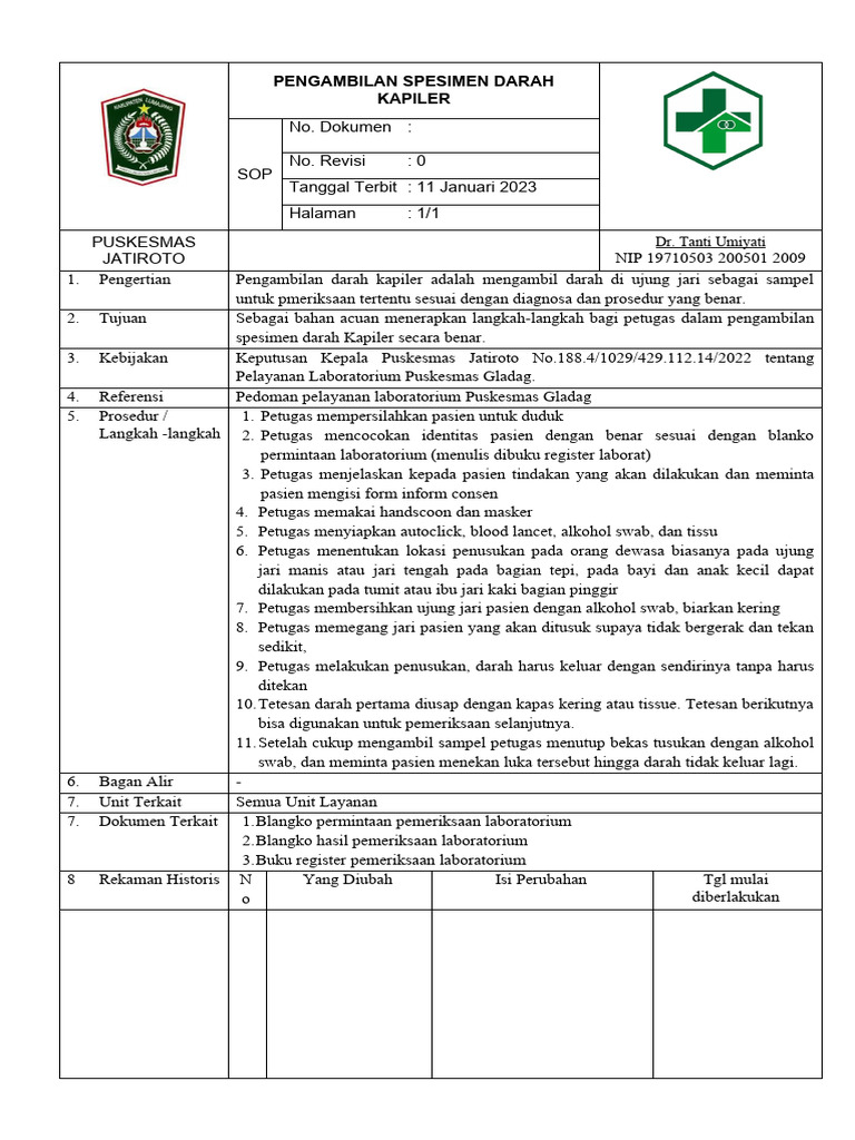 Sop. Pengambilan Spesimen Darah Kapiler MB Tias | PDF | Pengembangan Diri | Sains & Matematika