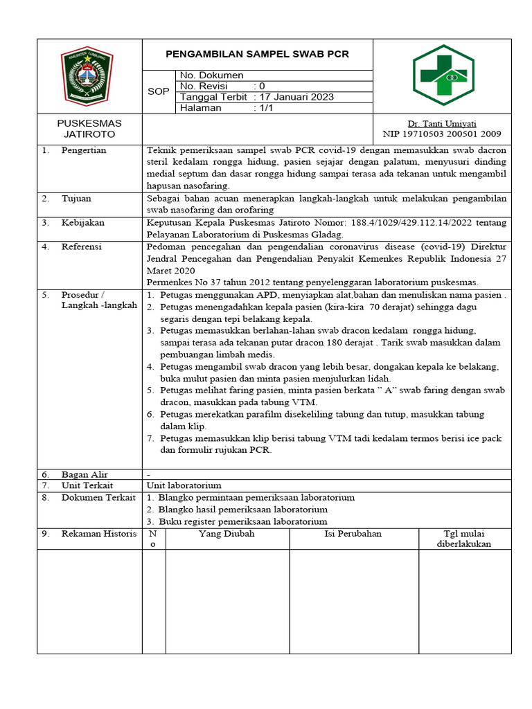 Sop. Pengambilan Swab PCR MB Tias | PDF
