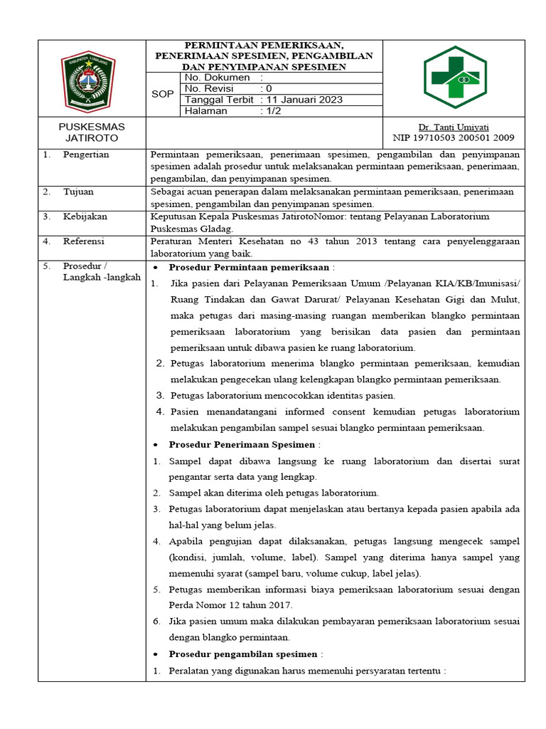 SOP Permintaan Pemeriksaan, Penerimaan, Pengambilan, Penyimpanan Spesimen MB Tias | PDF