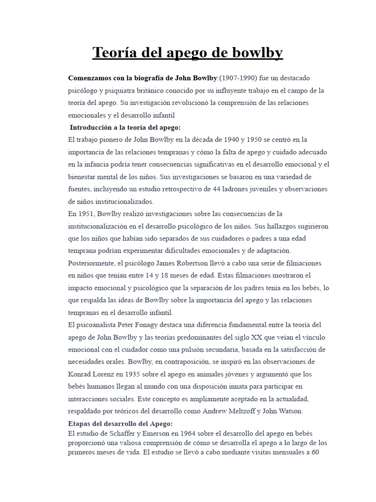 Teoría Del Apego de Bowlby | PDF | Teoría de apego | Desarrollo humano