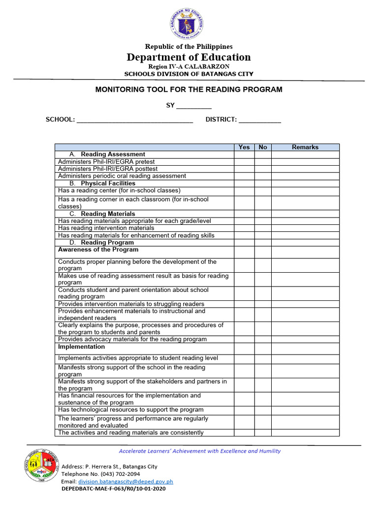 Reading Program Monitoring Tool | PDF | Teaching | Pedagogy