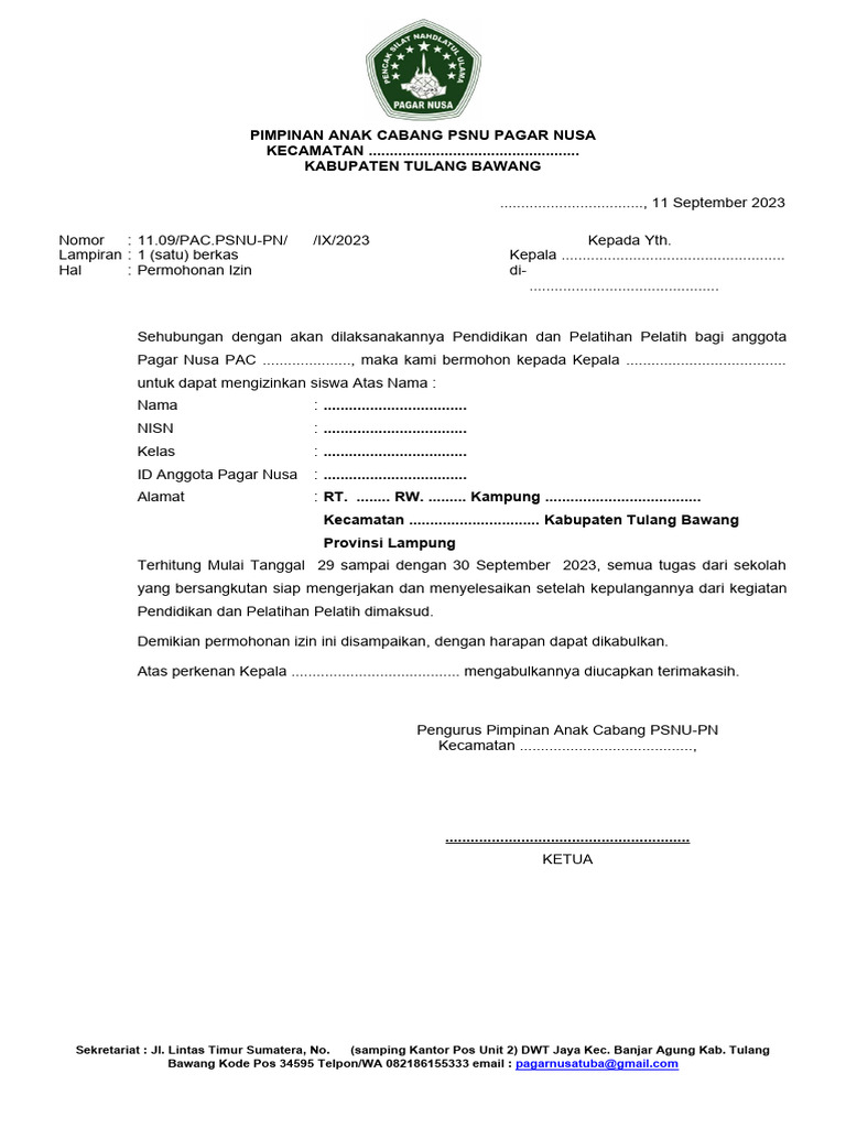 Permohonan Izin Sekolah Peserta Diklat | PDF