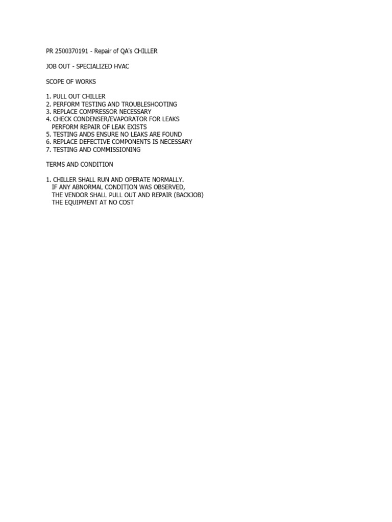 Scope of Work - PR 2500370191 - Repair of QA's CHILLER - Lugait Plant | PDF