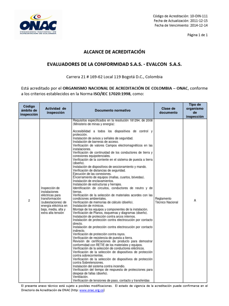 Acreditación de Inspección Eléctrica ONAC | PDF | Ingenieria Eléctrica ...