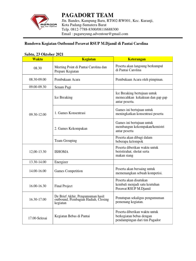 Rundown Kegiatan Outbound Pantai Carolina | PDF