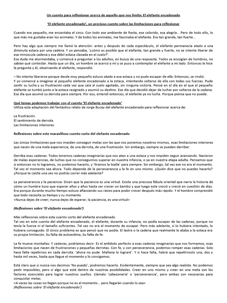 Un Cuento Para Reflexionar Acerca De Aquello Que Nos Limita Pdf