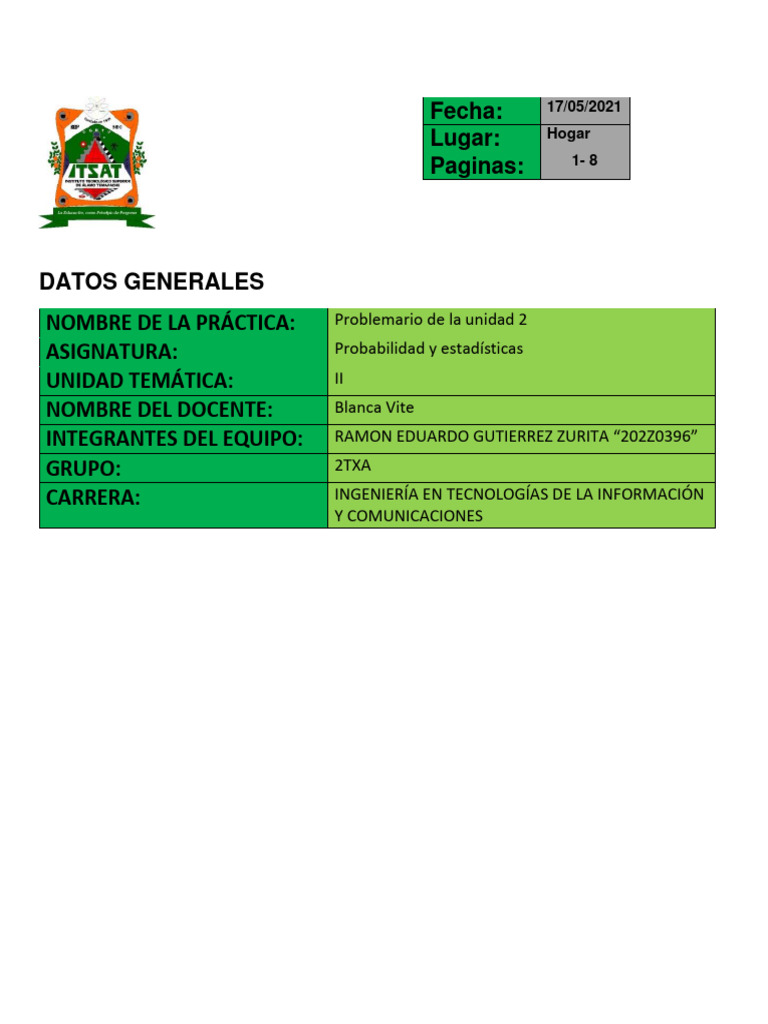 Problemario de La Unidad 2 Prob y EstaB | PDF | Ecuaciones | Matemáticas
