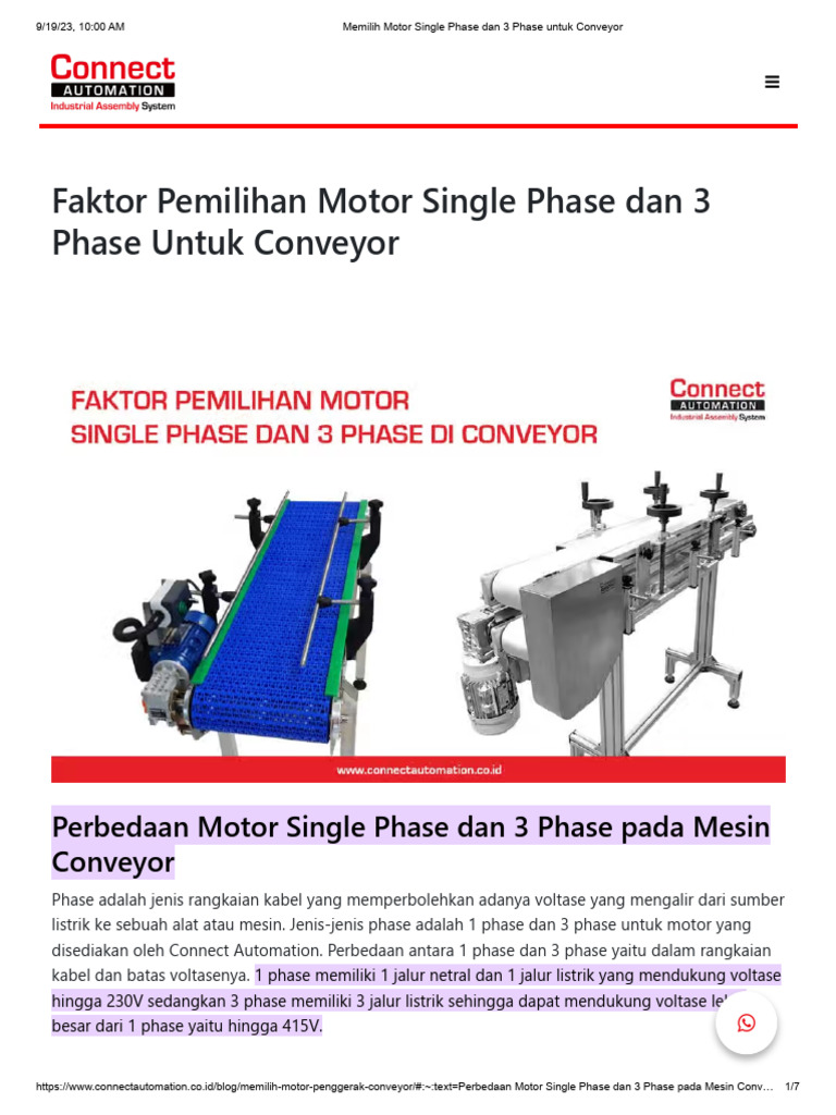 Memilih Motor Single Phase Dan 3 Phase Untuk Conveyor | PDF