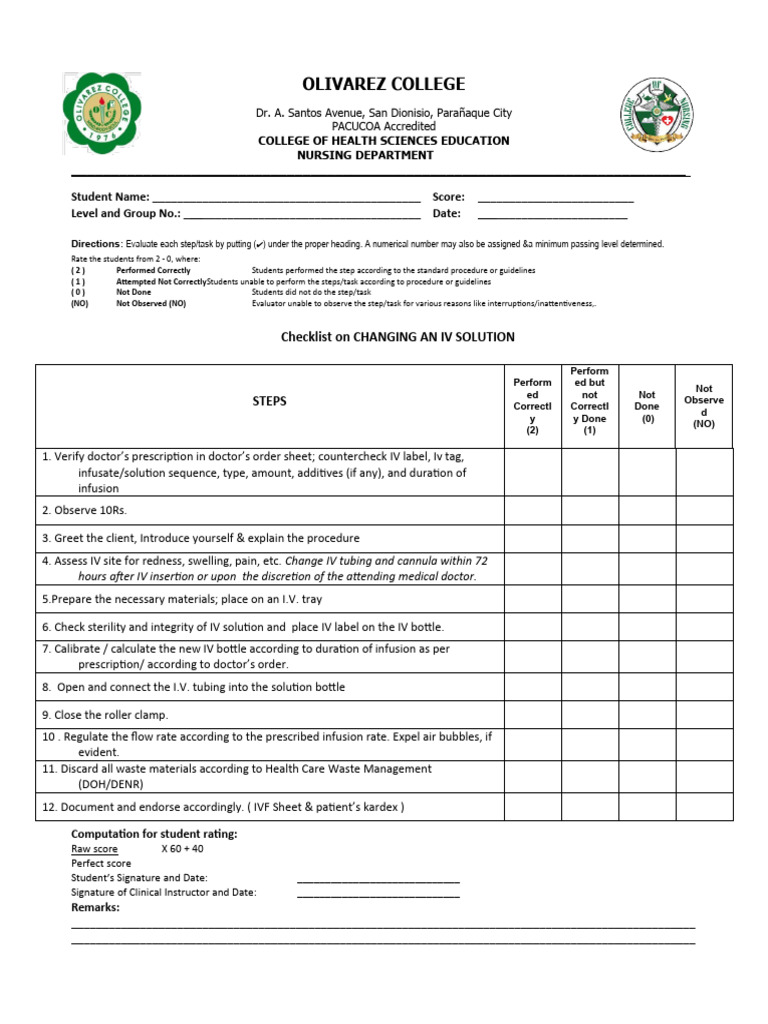 Changing Iv Solution Checklist | PDF | Intravenous Therapy | Health Care