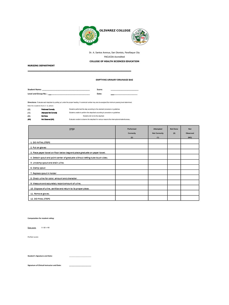 Emptying Urine Bag Checklist | PDF | Medicine | Health Care