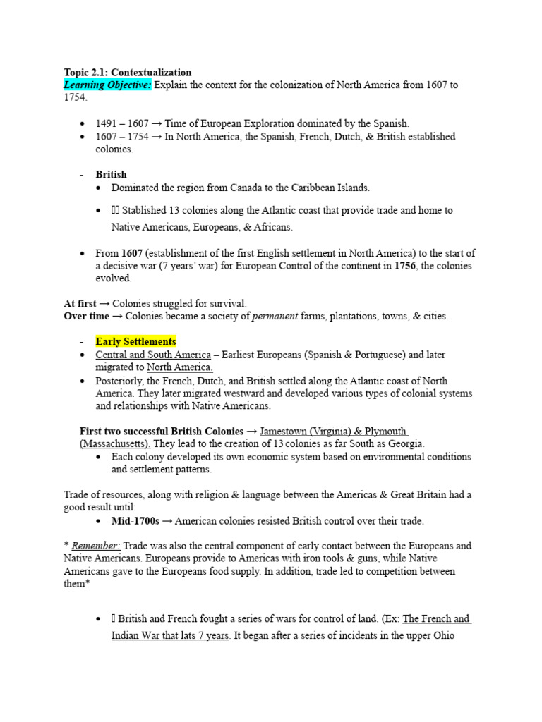 Apush 2.1 - 2.4 | PDF | European Colonization Of The Americas | Spanish ...