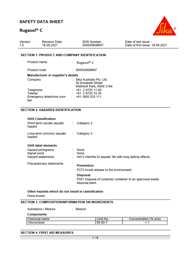 Retarder Sika Rugasol SDS | PDF | Safety | Chemistry