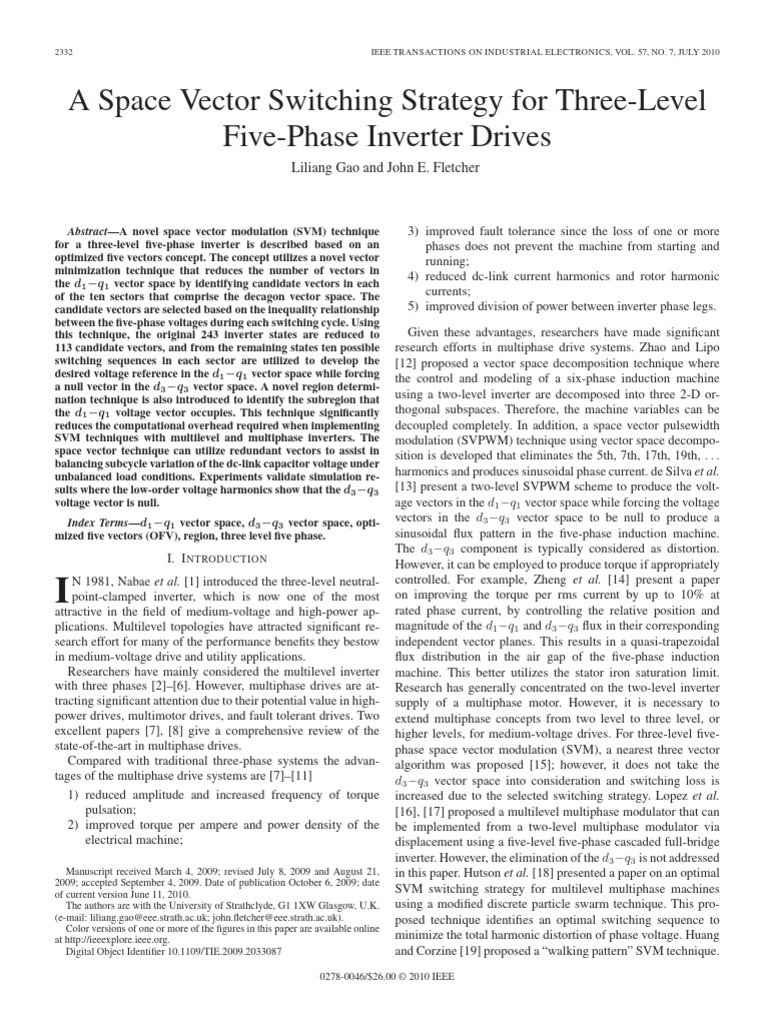 A Space Vector Switching Strategy For Three-Level Five-Phase Inverter Drives | PDF | Power ...