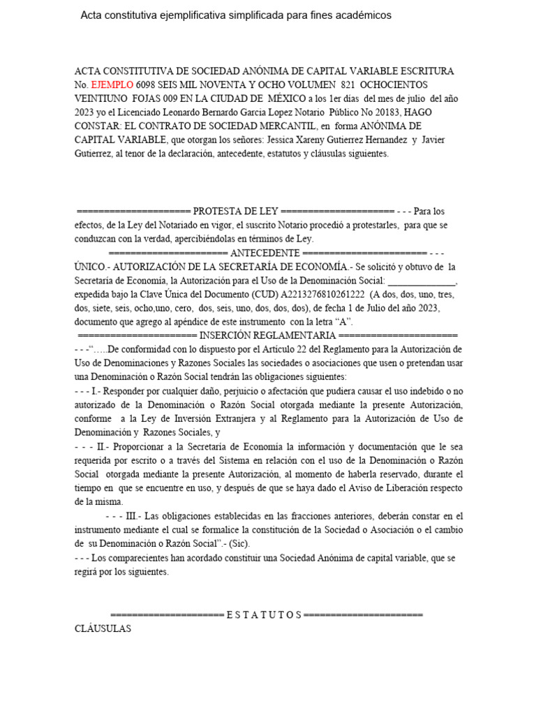 Acta Constitutiva Ejemplo | PDF | Sociedad de responsabilidad limitada | Business