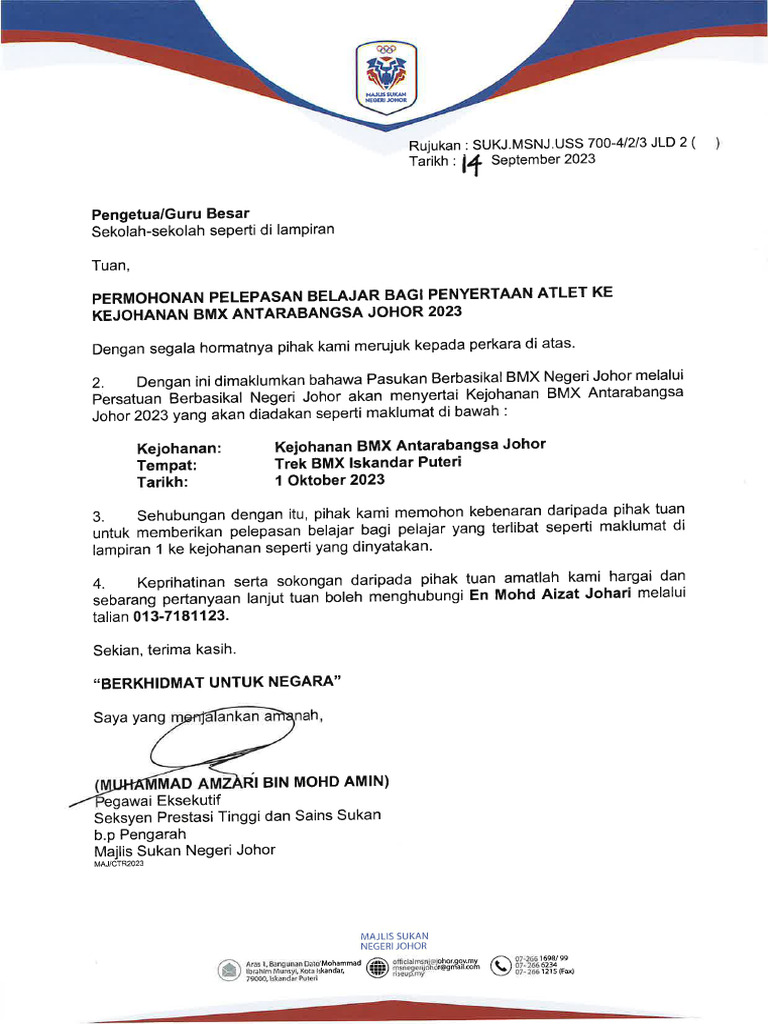 Surat Pelepasan Cuti Sekolah | PDF