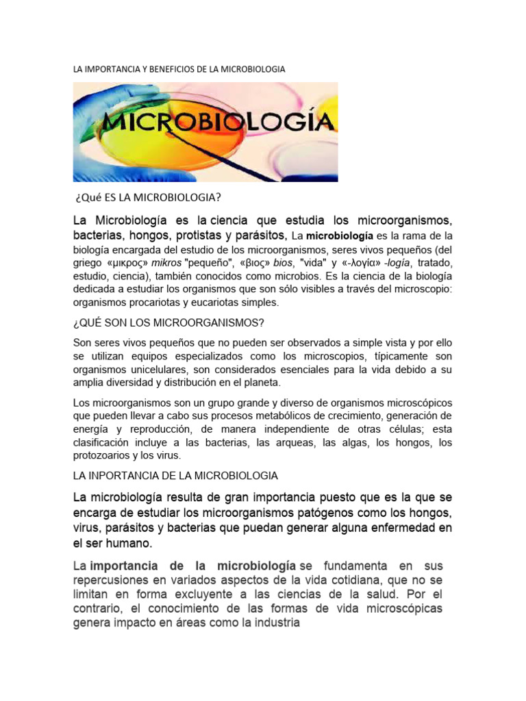 La Importancia y Beneficios de La Microbiologia | PDF | Microbiología | Microorganismo