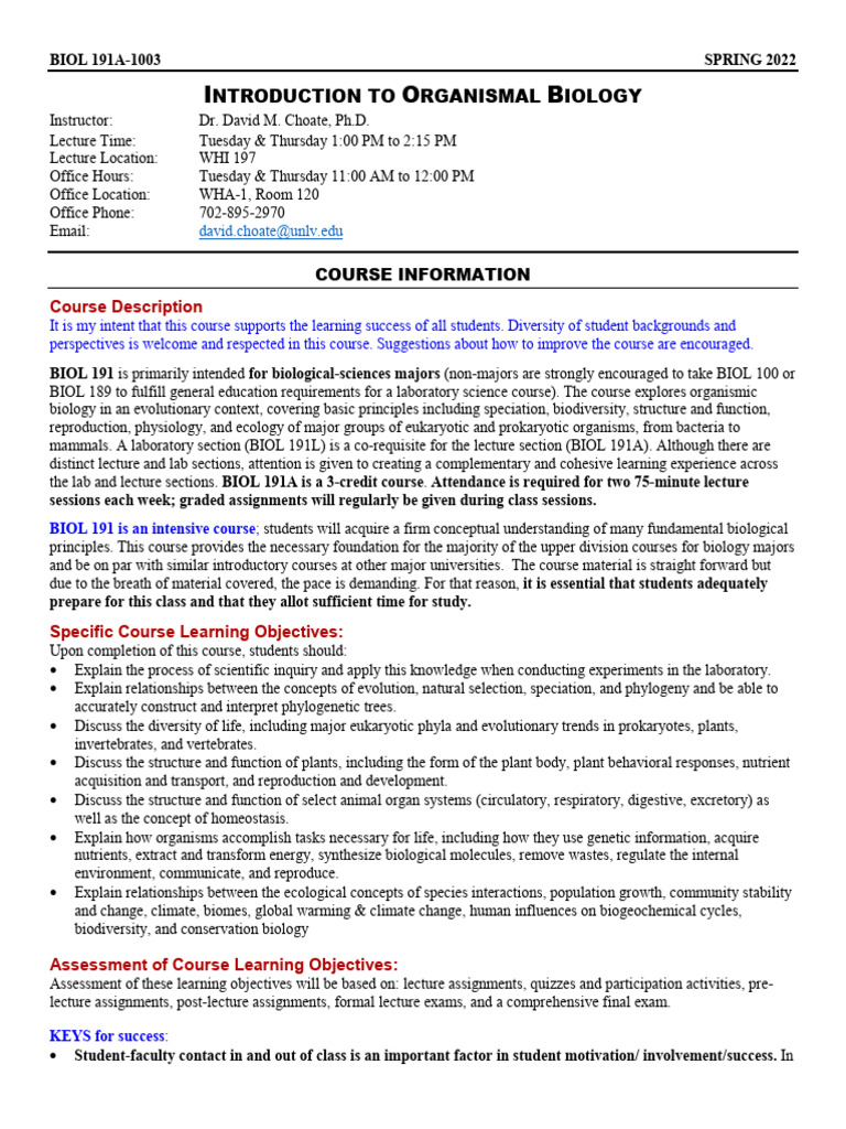 BIOL191 Syllabus 1 | PDF | Evolution | Biology