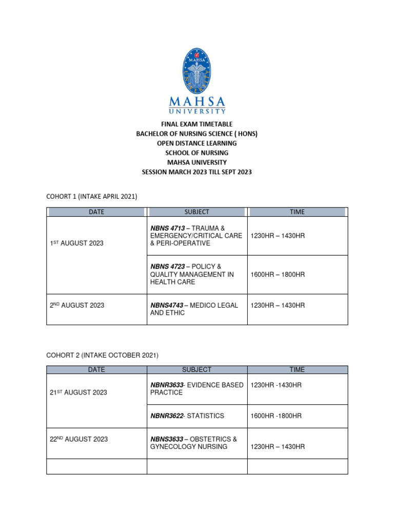 Final Exam Timetable Session 2023 | PDF | Nursing | Health Care