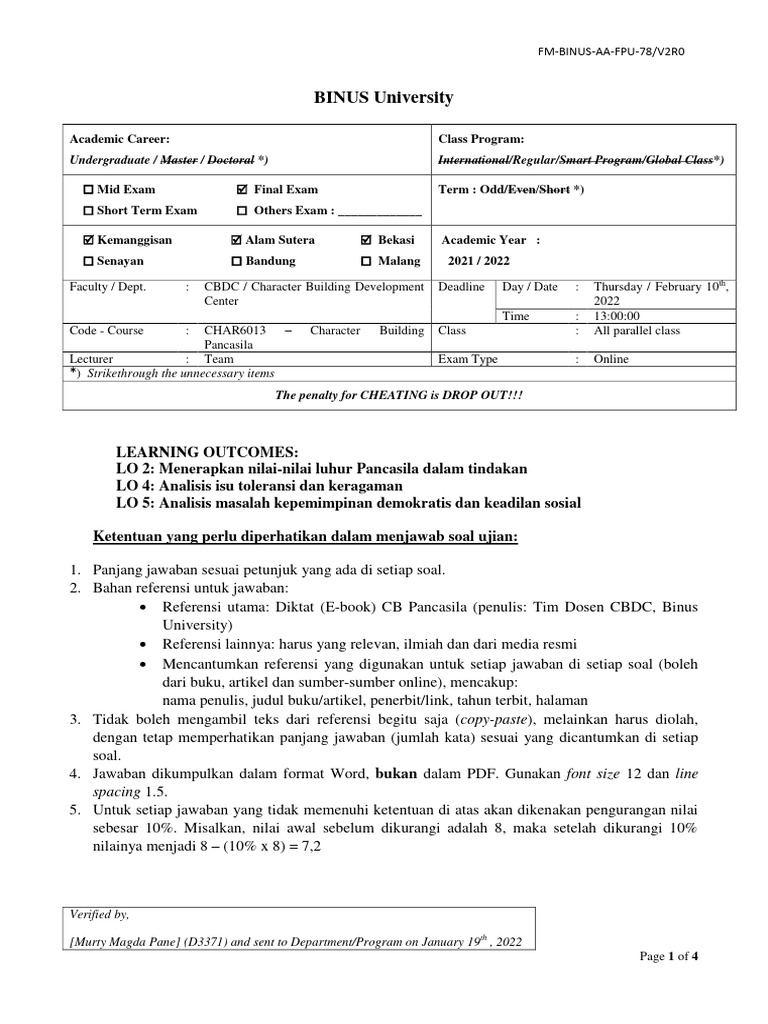 Ujian Akhir Online CB Pancasila BINUS | PDF