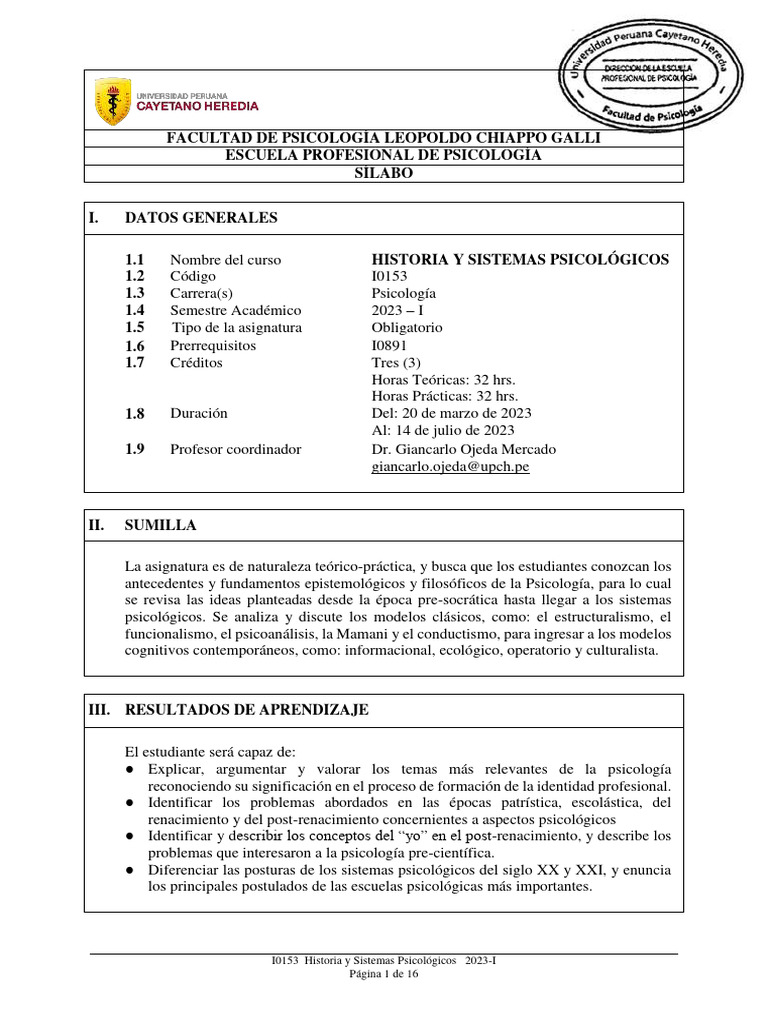 Sílabo Historia Y Sistemas Psicológicos 2023 I Pdf Sicología Empirismo 