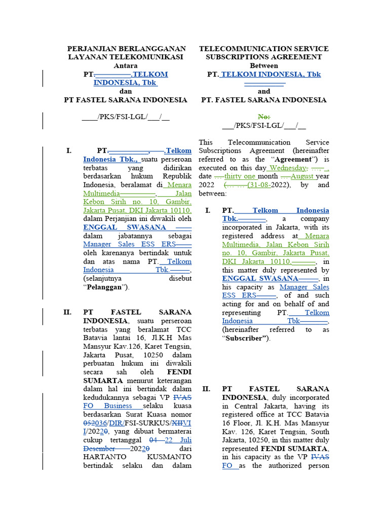Draft PKS PT. Fastel Sarana Indonesia V.1 BJ22 | PDF | Hukum