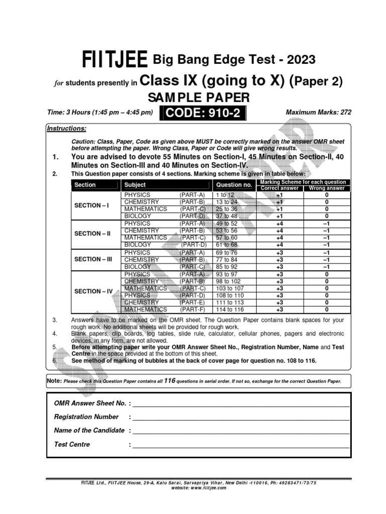Fiitjee Big Bang Sample Papers Class Ix | PDF | Colloid | Force