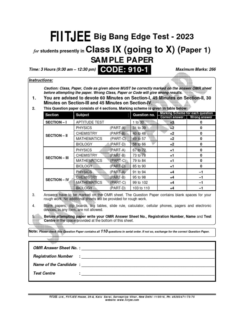 Fiitjee Big Bang Sample Papers Class Ix | PDF | Distillation | Colloid