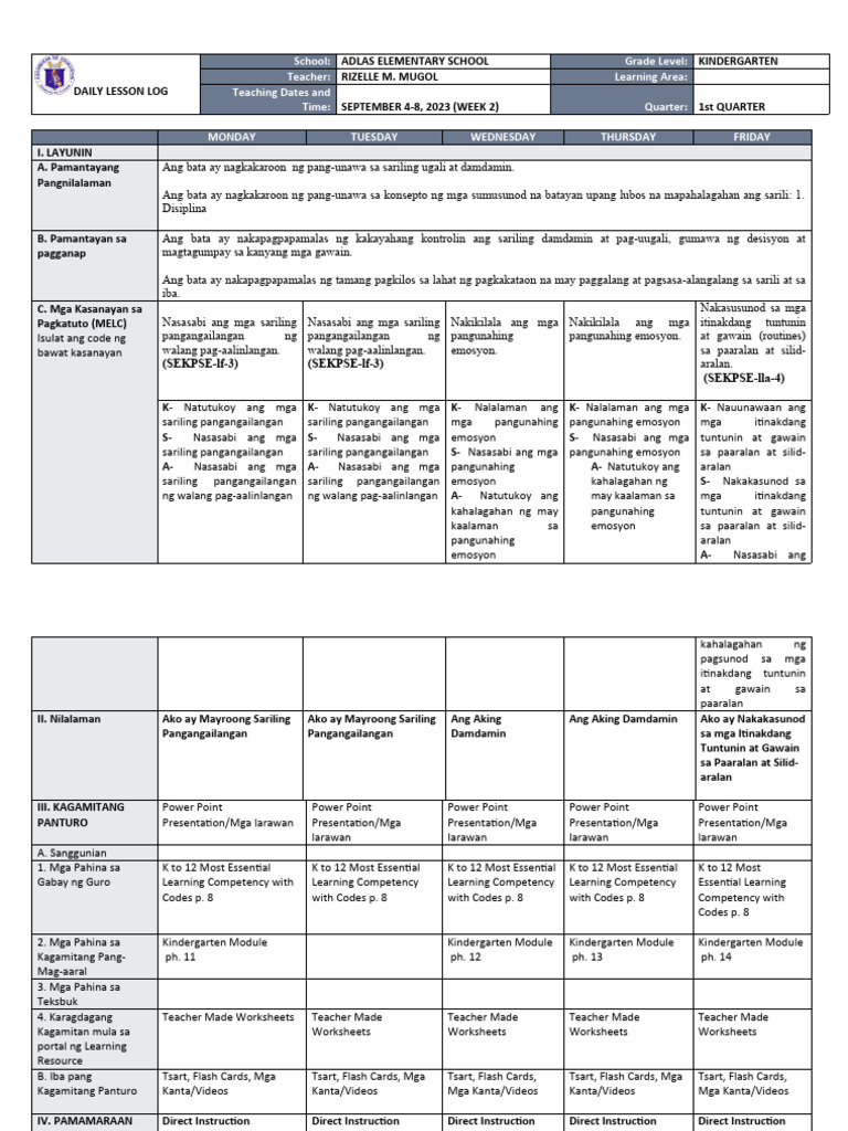 Quarter 1 DLL Week 2 Kindergarten | PDF