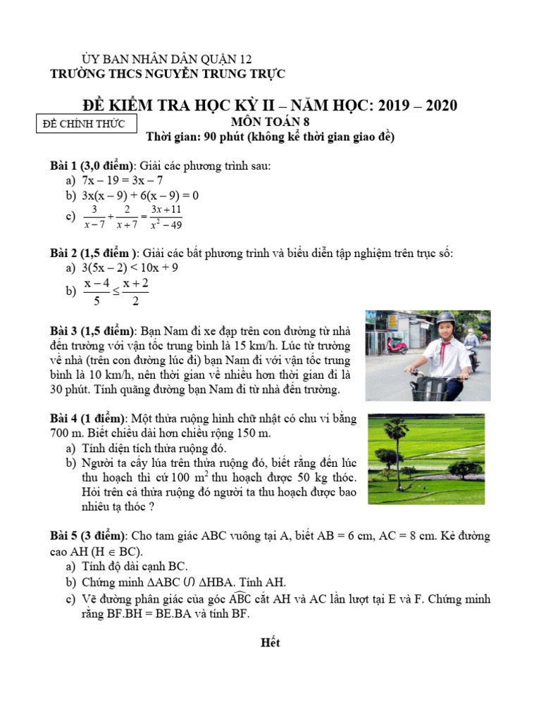De Kiem Tra Hoc Ky 2 Toan 8 Nam 2019 2020 Truong Thcs Nguyen Trung Truc TP HCM | PDF
