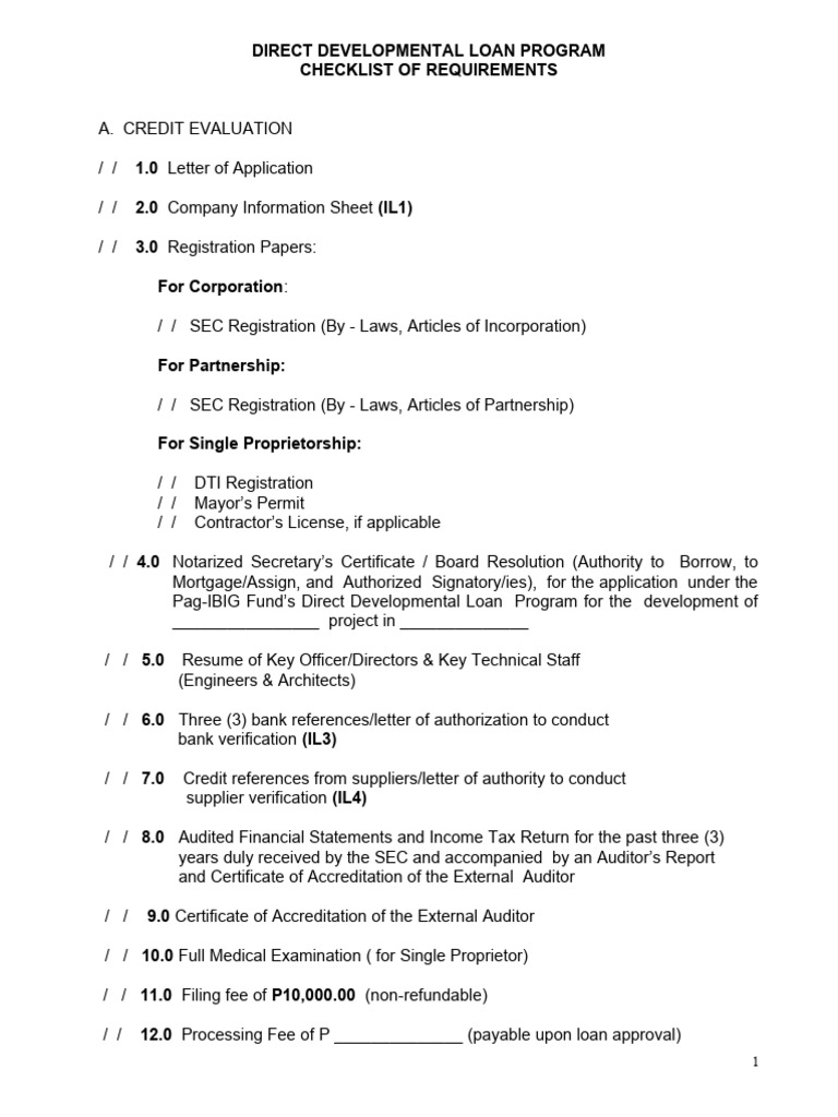 DEVELOPER'S CHECKLIST - DDLP Forms | PDF | Sole Proprietorship | Loans