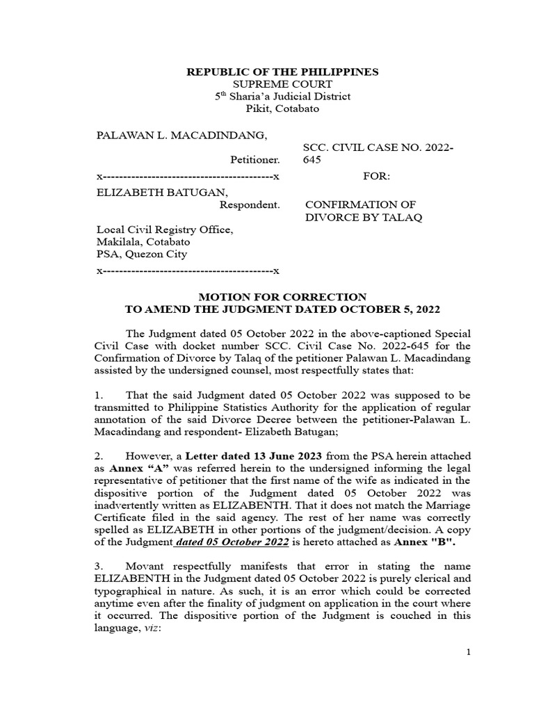 Motion to Correct Judgment Error | PDF | Judgment (Law) | Divorce