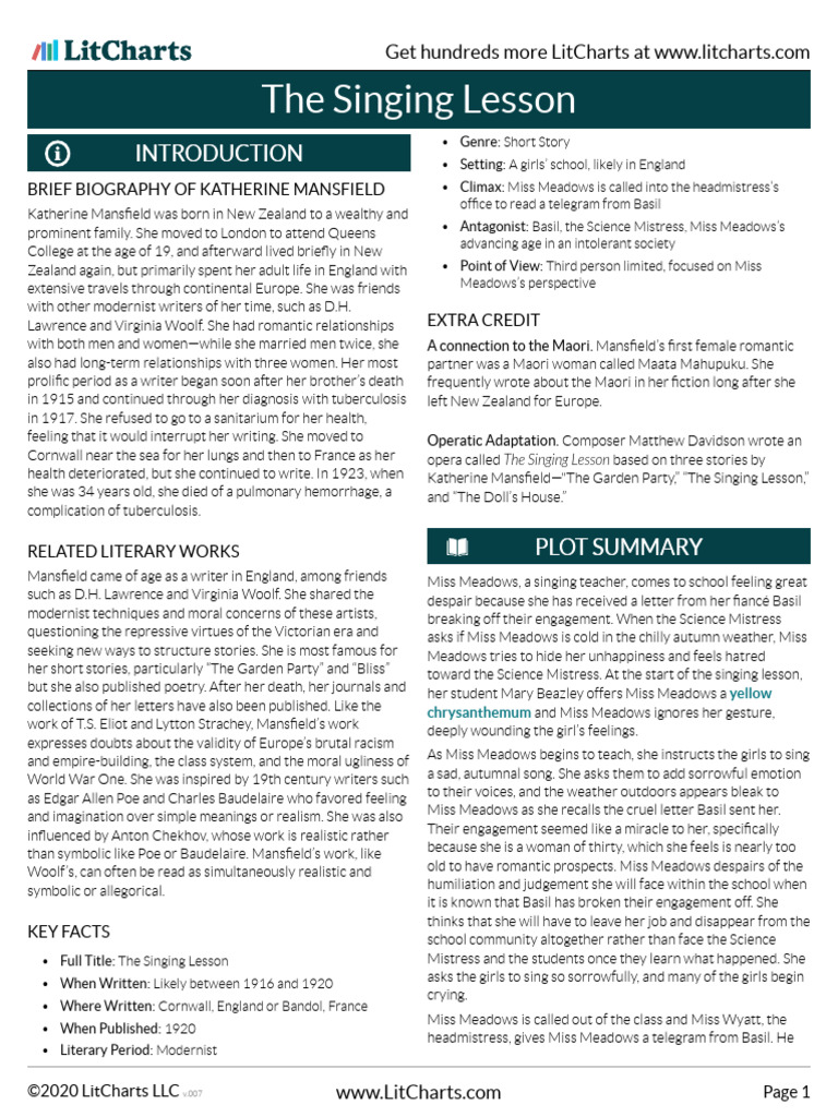 The Singing Lesson LitChart | PDF | Katherine Mansfield | Disgust