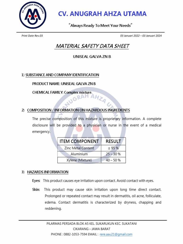Uniseal Galva Zn B MSDS 2024 | PDF | Water | Carbon Dioxide