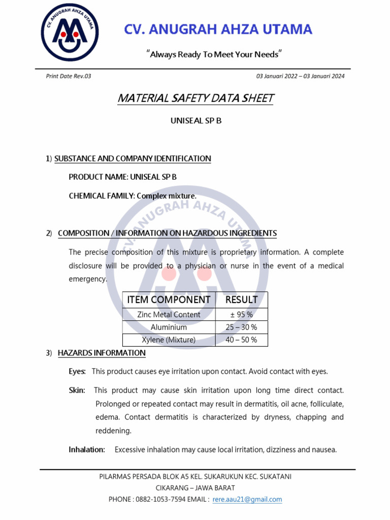 Uniseal SP B Safety Data Sheet | PDF | Water | Carbon Dioxide