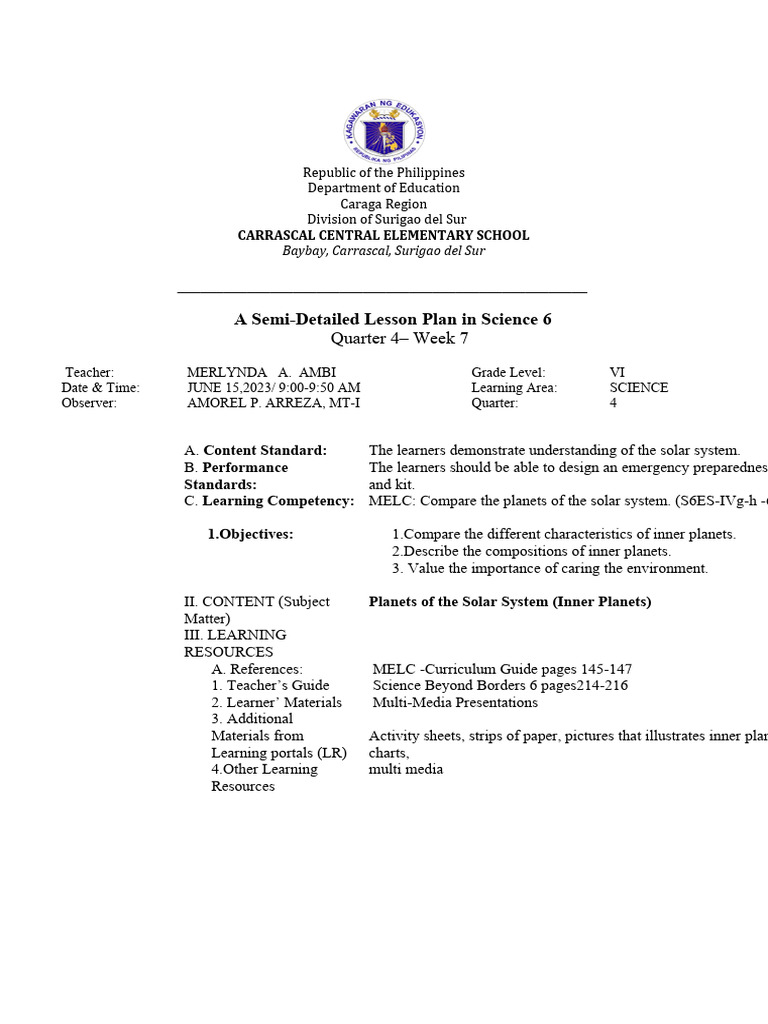 Science 6 Lesson Plan: Inner Planets | PDF | Planets | Solar System