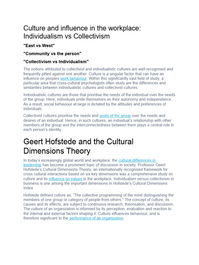 Culture and Influence in The Workplace | PDF | Individualism ...