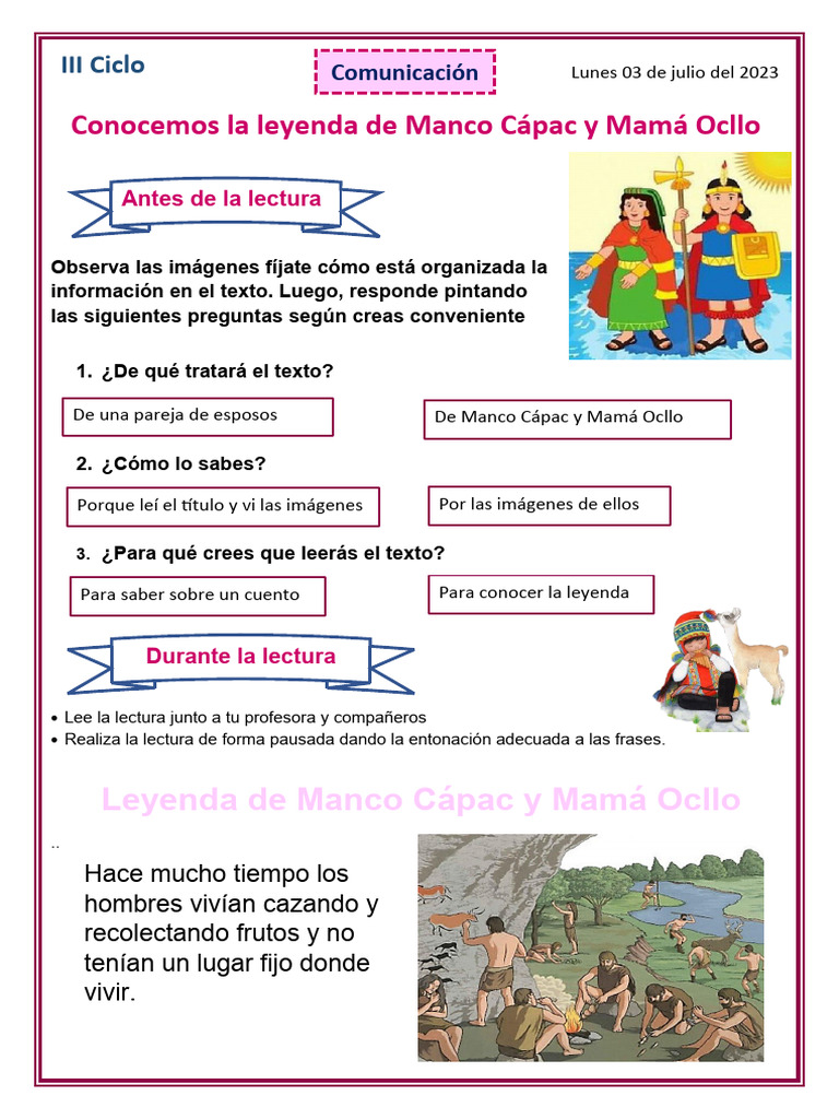 Ficha Conocemos La Leyenda de Manco Cápac y Mamá Ocllo | PDF | Imperio Inca